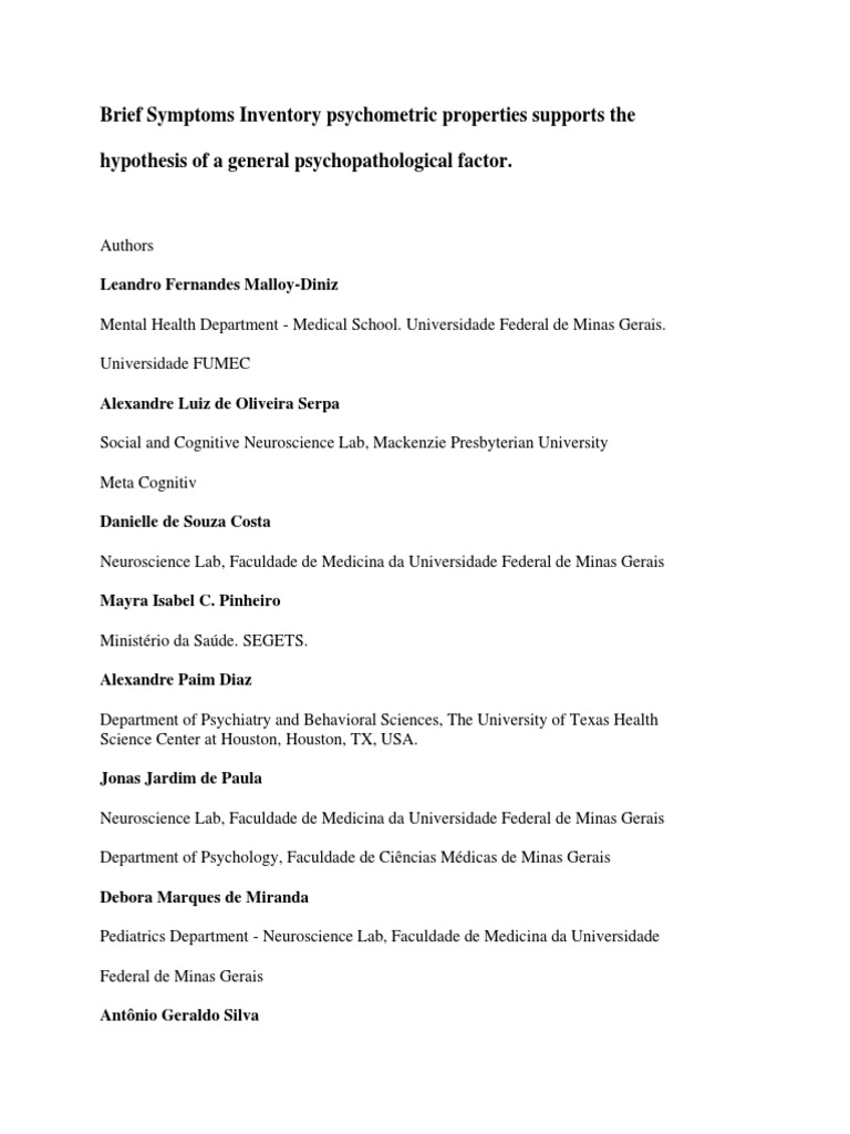 Brief Symptoms Inventory Psychometric Properties | PDF ...