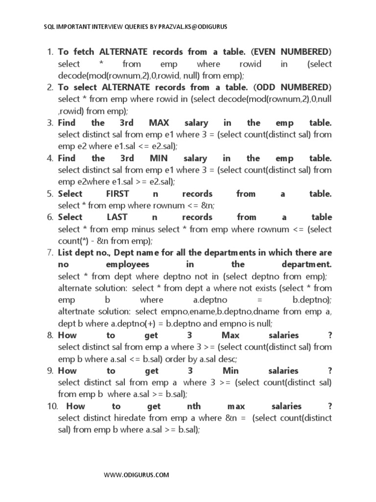 The 3rd MAX Salary in The Emp Table.: SQL Important Interview Queries by Prazval - Ks@Odigurus ...