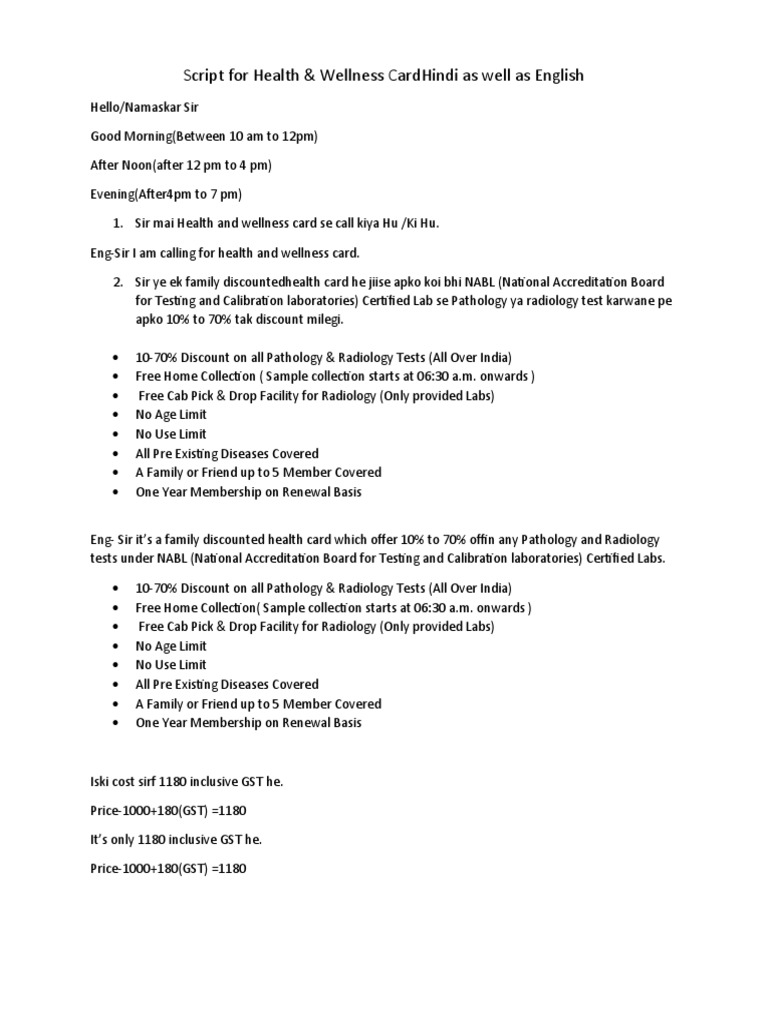 Script For Health & Wellness Cardhindi As Well As English | PDF