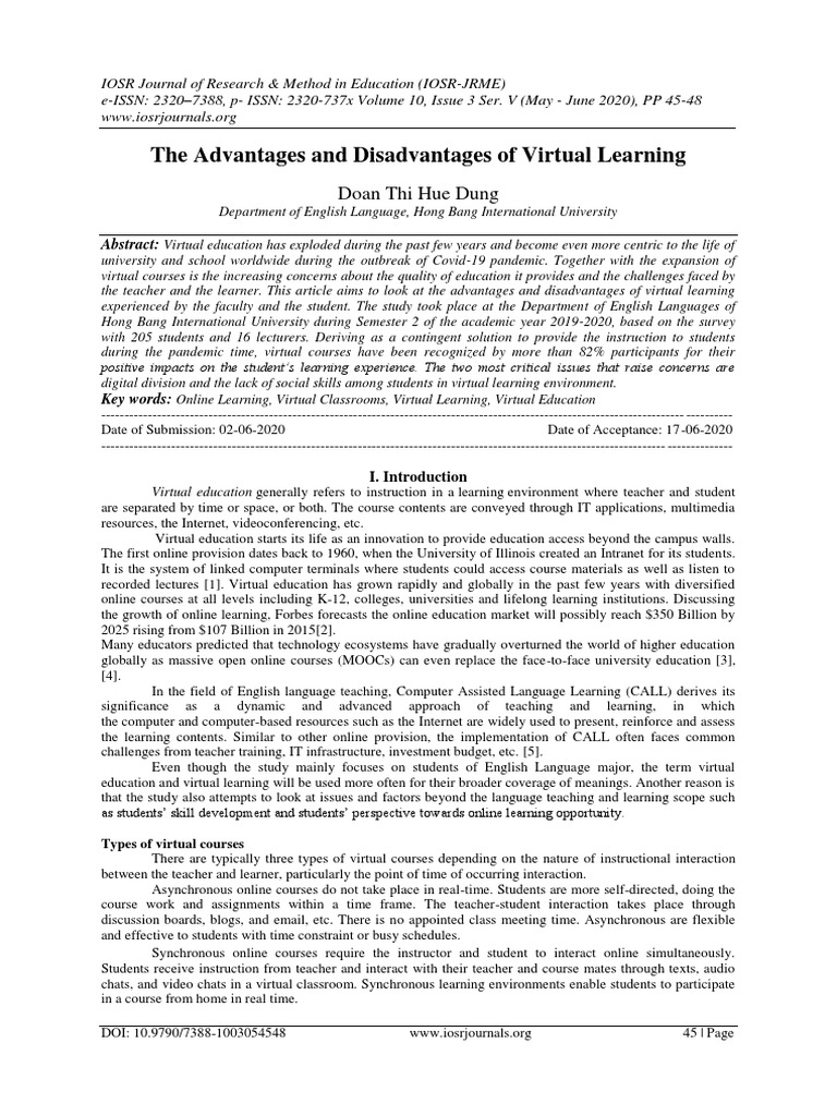 The Advantages and Disadvantages of Virtual Learning: Doan Thi Hue Dung ...