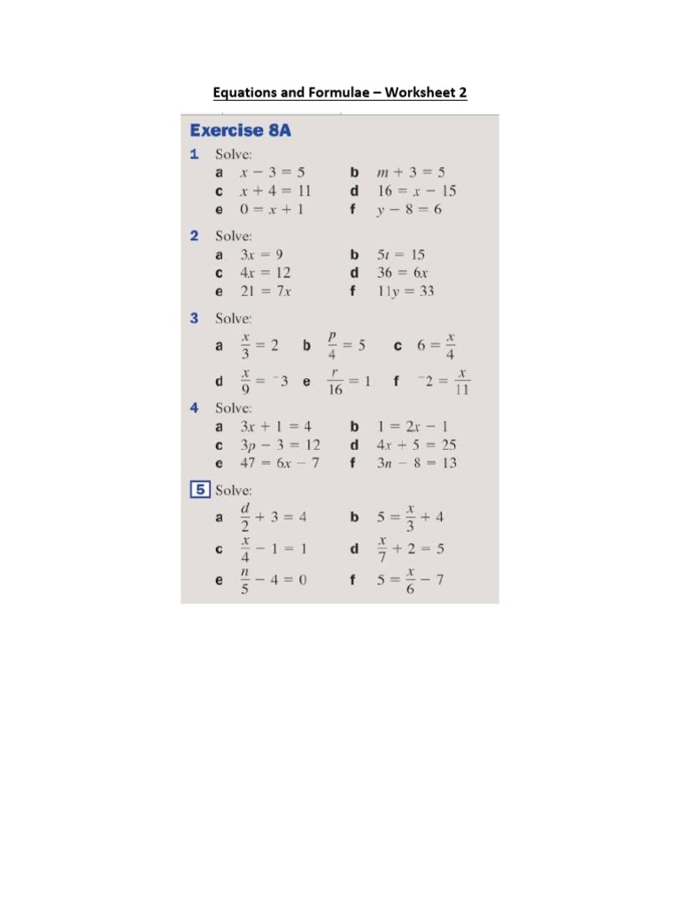 Equations and Formulae - Worksheet 2 | PDF