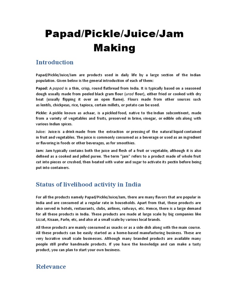 An Overview of Papad, Pickle, Juice and Jam Making as Small Scale ...