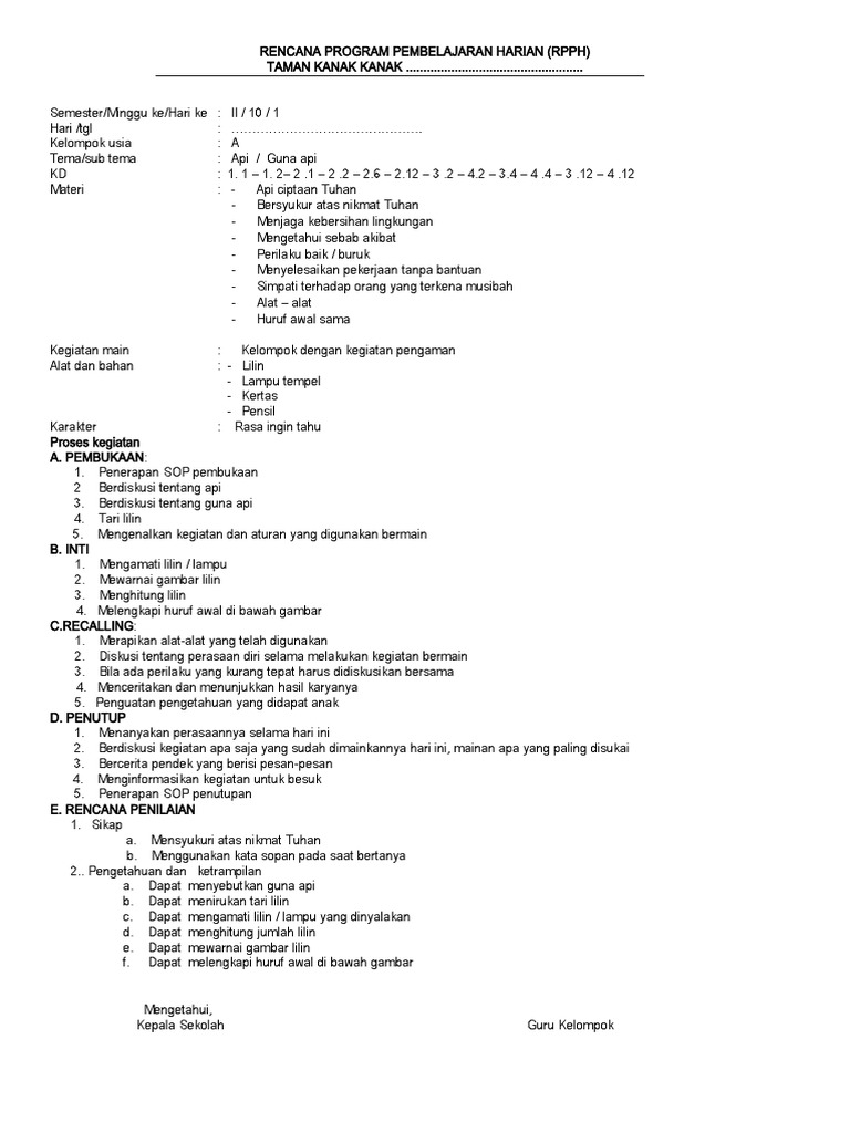 RPPH Tema Api Usia 4-5 Tahun Semester Ii | PDF | Seni & Disiplin Bahasa | Kajian Bahasa Asing