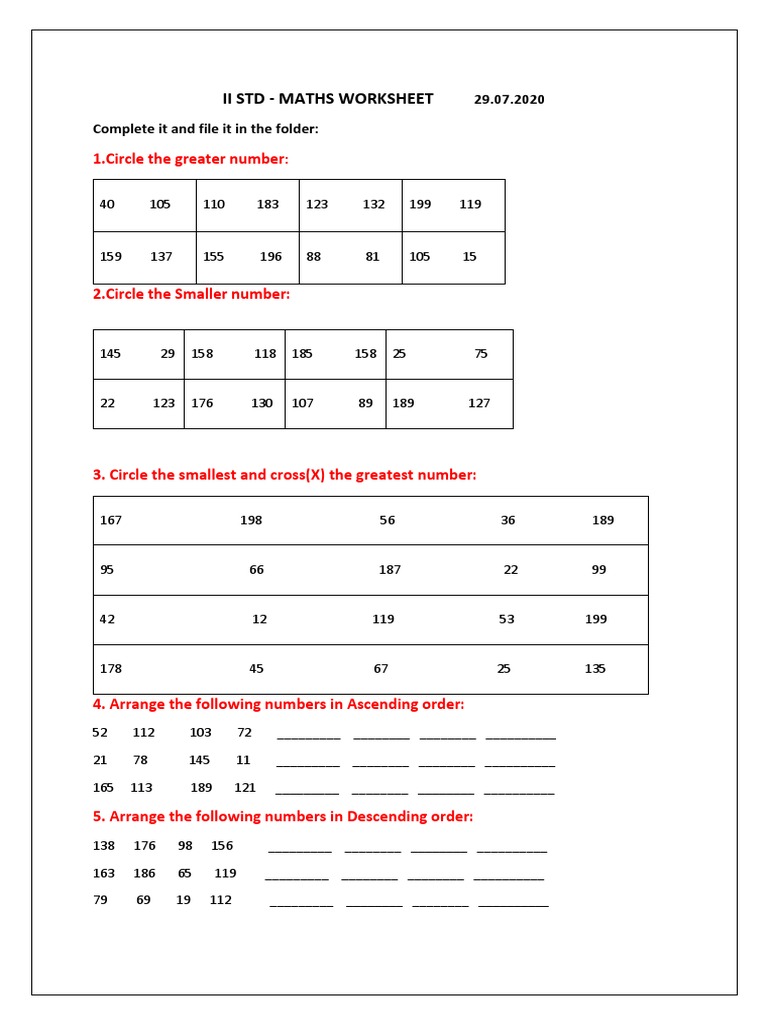 Ii STD - Maths Worksheet: 1.circle The Greater Number | PDF