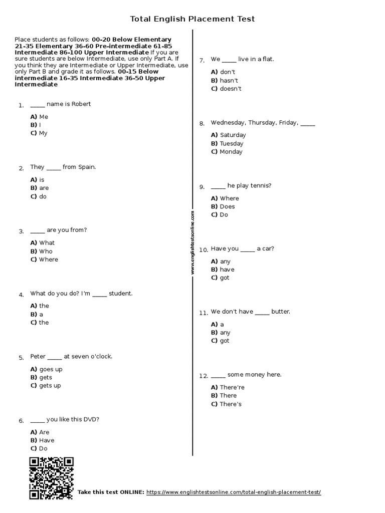 Total English Placement Test | PDF