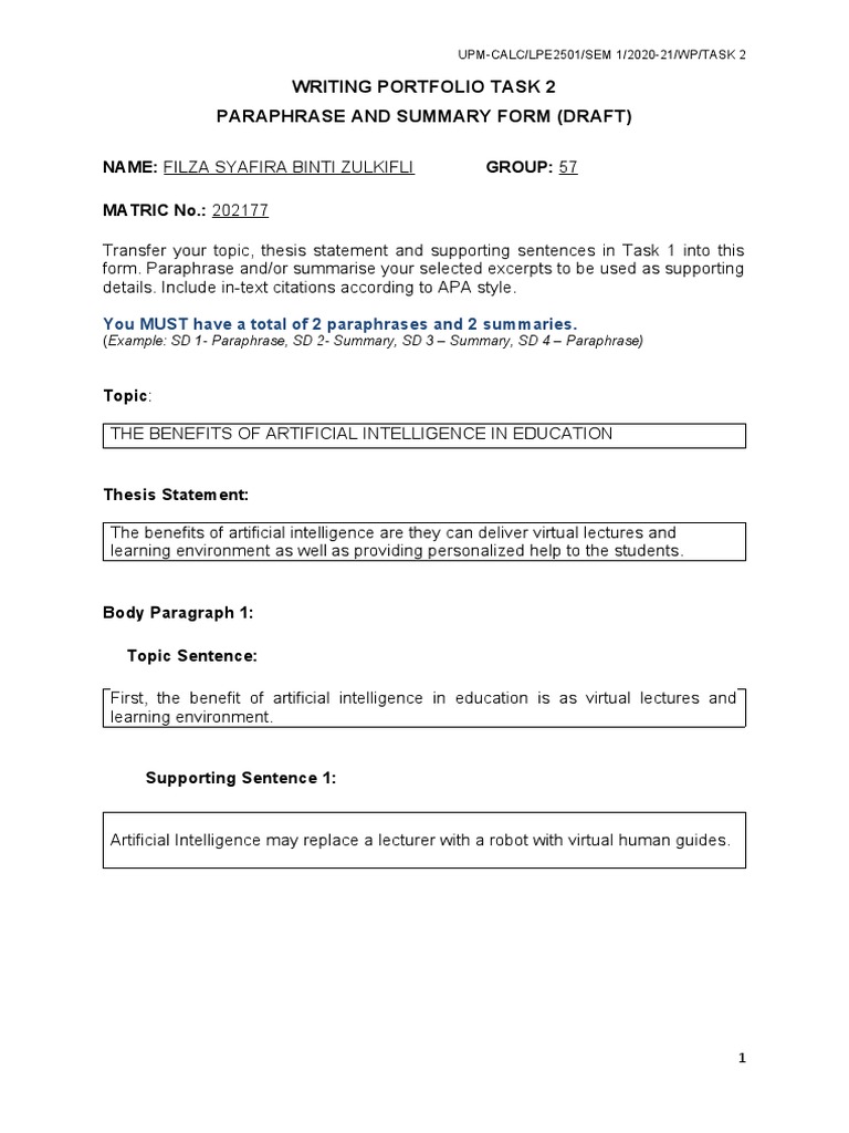 Lpe2501 Writing Portfolio Task 2 (Paraphrase & Summary Form - Draft) | PDF | Artificial ...