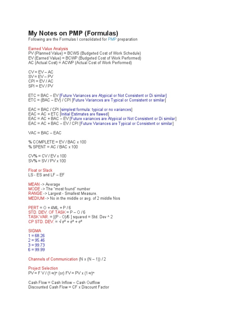 PMP Formulas | PDF | Net Present Value | Internal Rate Of Return