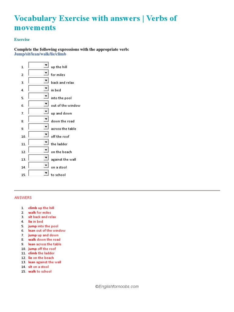 Vocabulary Exercise With Answers Verbs of Movements | PDF