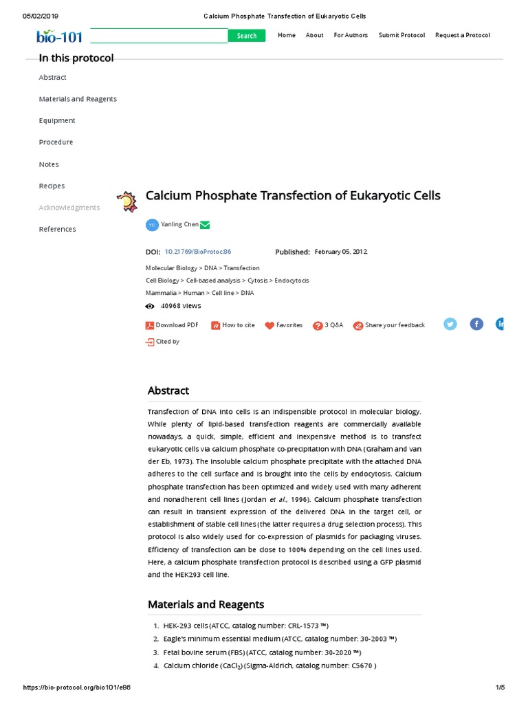 Calcium Phosphate Transfection of Eukaryotic Cells | PDF | Transfection ...