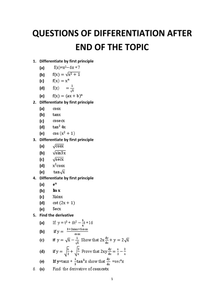 Questions of Differentiation After End of The Topic | PDF | Triangle ...