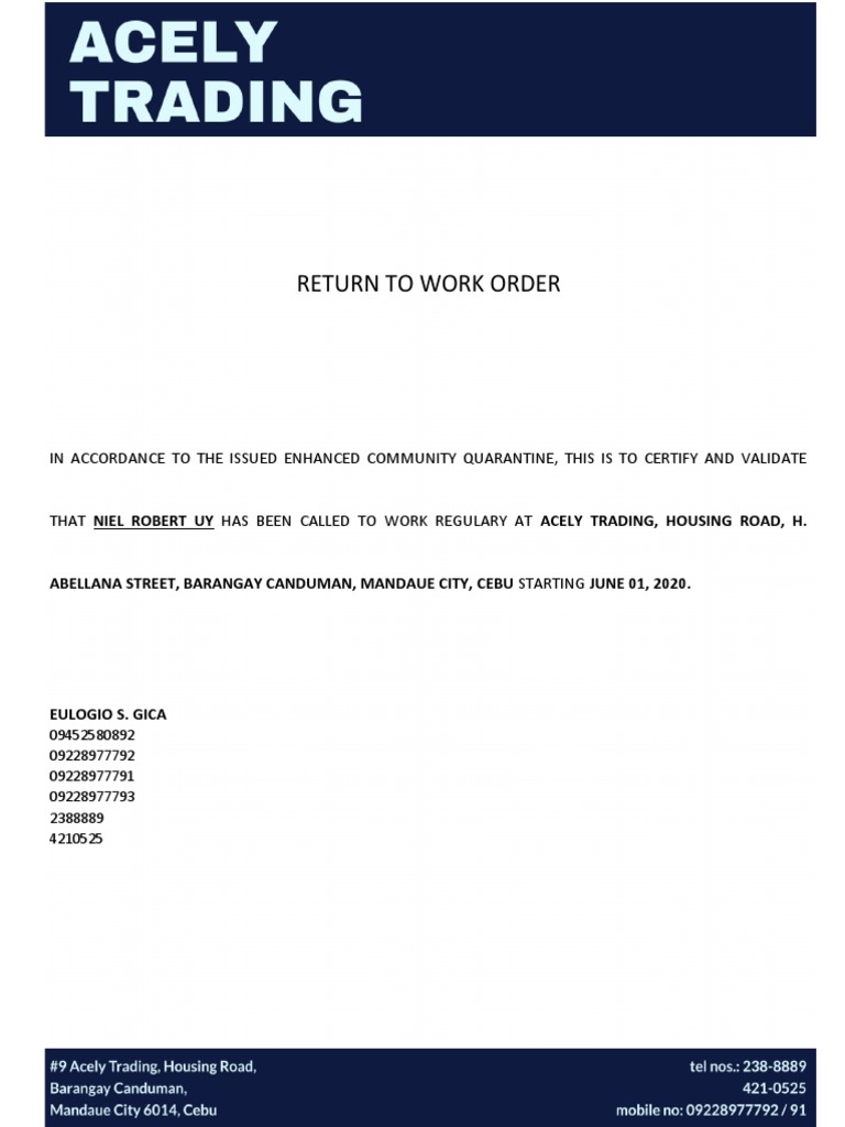 Return To Work Order: in Accordance To The Issued Enhanced Community ...
