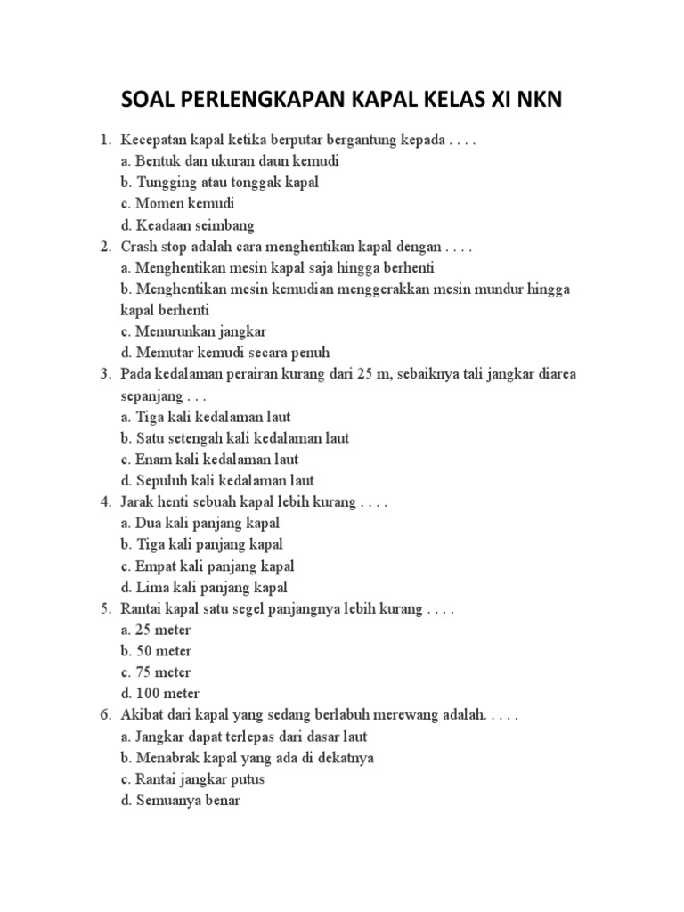 Soal Perlengkapan Kapal Kelas Xi NKN | PDF