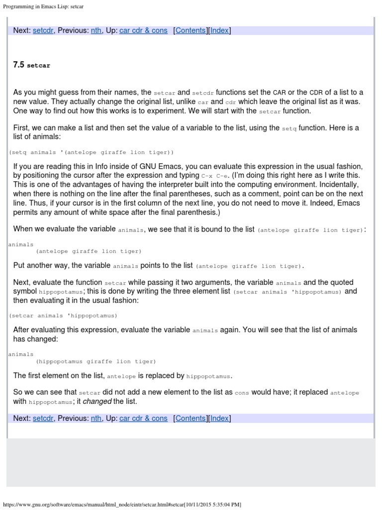 Programming in Emacs Lisp - Setcar | PDF