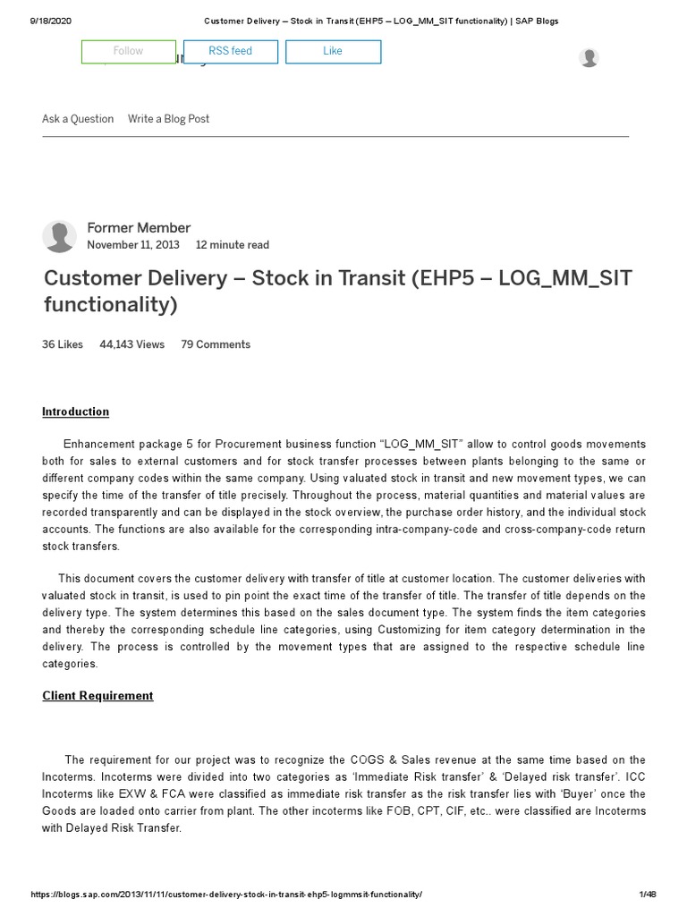 Customer Delivery Stock in Transit (EHP5 LOG MM SIT Functionality) SAP ...