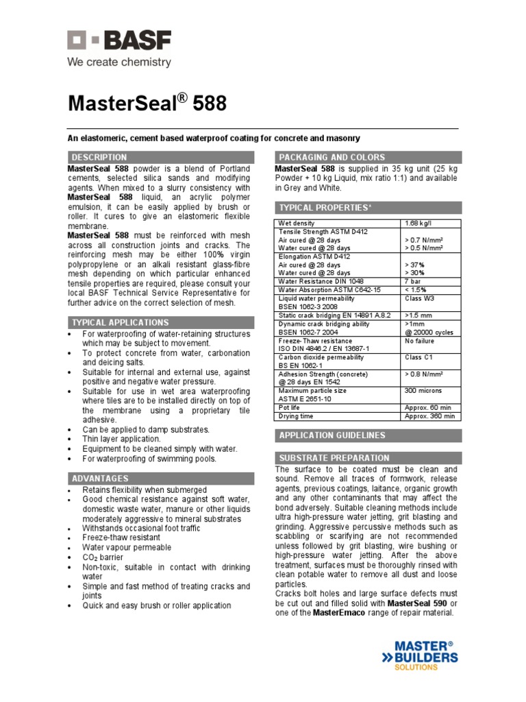 Masterseal 588: Description Packaging and Colors | PDF | Concrete | Water