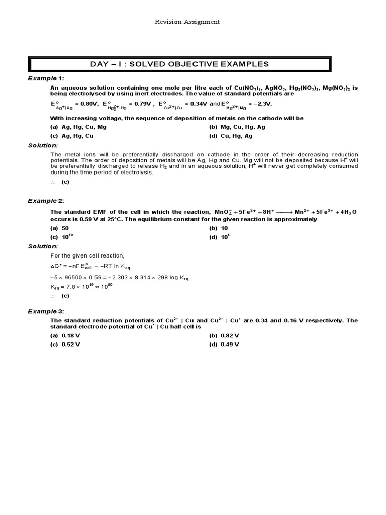 Day - I: Solved Objective Examples: Example 1 | PDF | Redox | Electrochemistry