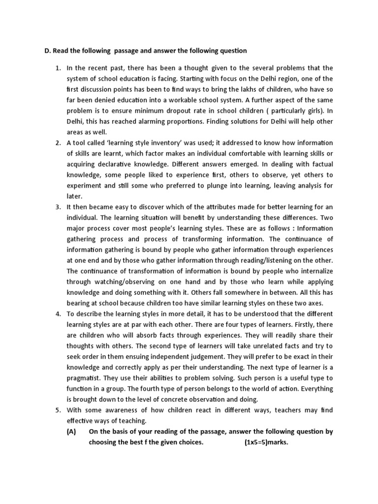 D. Read The Following Passage and Answer The Following Question ...