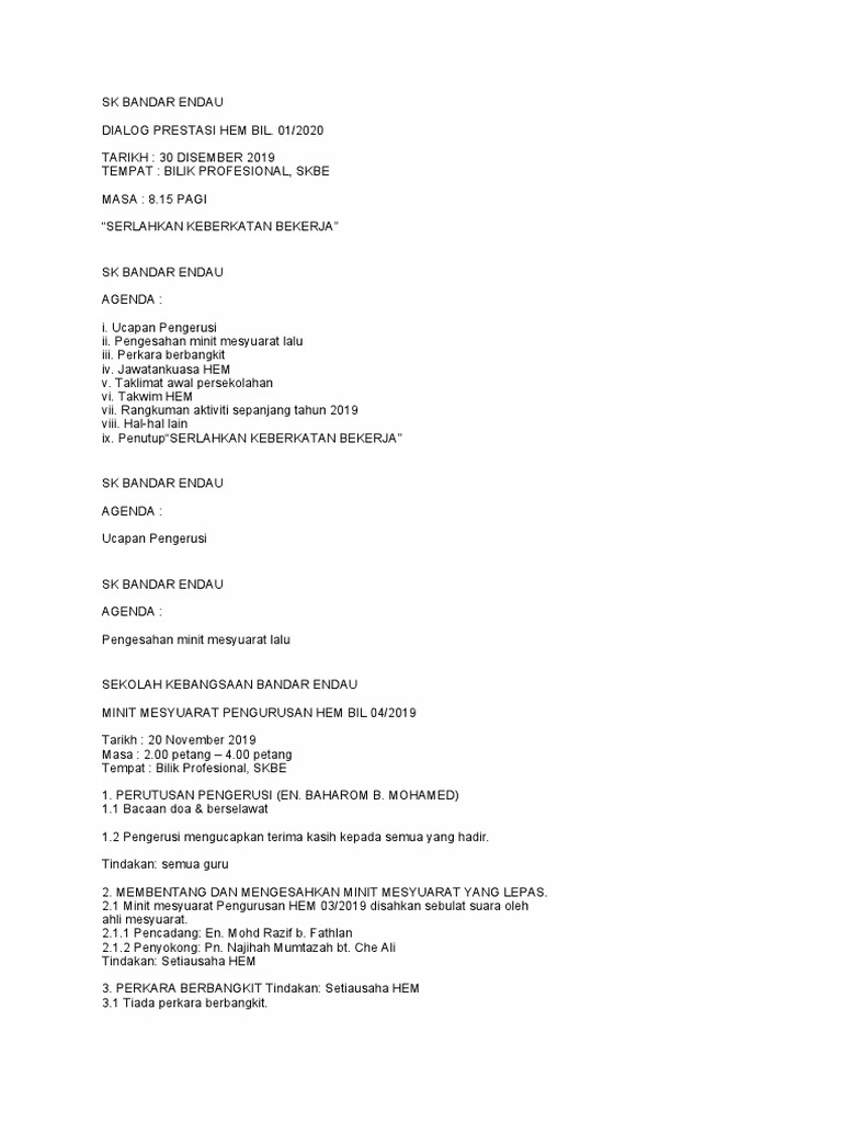 Contoh Minit Mesyuarat Hem 2 | PDF
