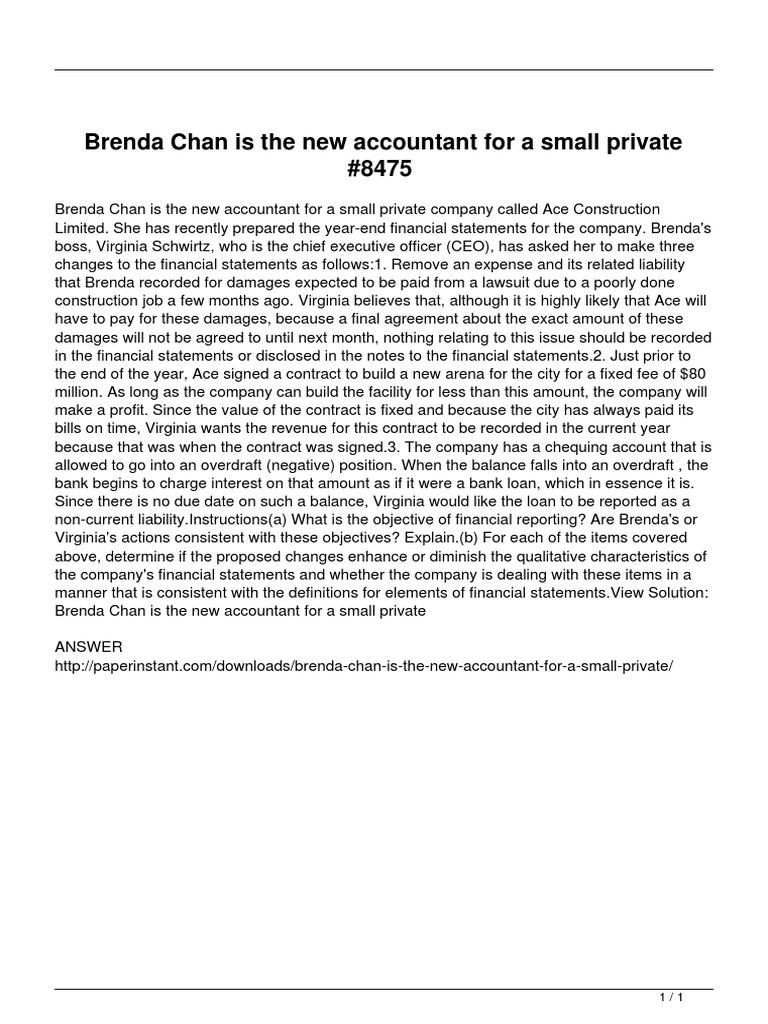 Brenda Chan Is The New Accountant For A Small Private | PDF | Overdraft ...
