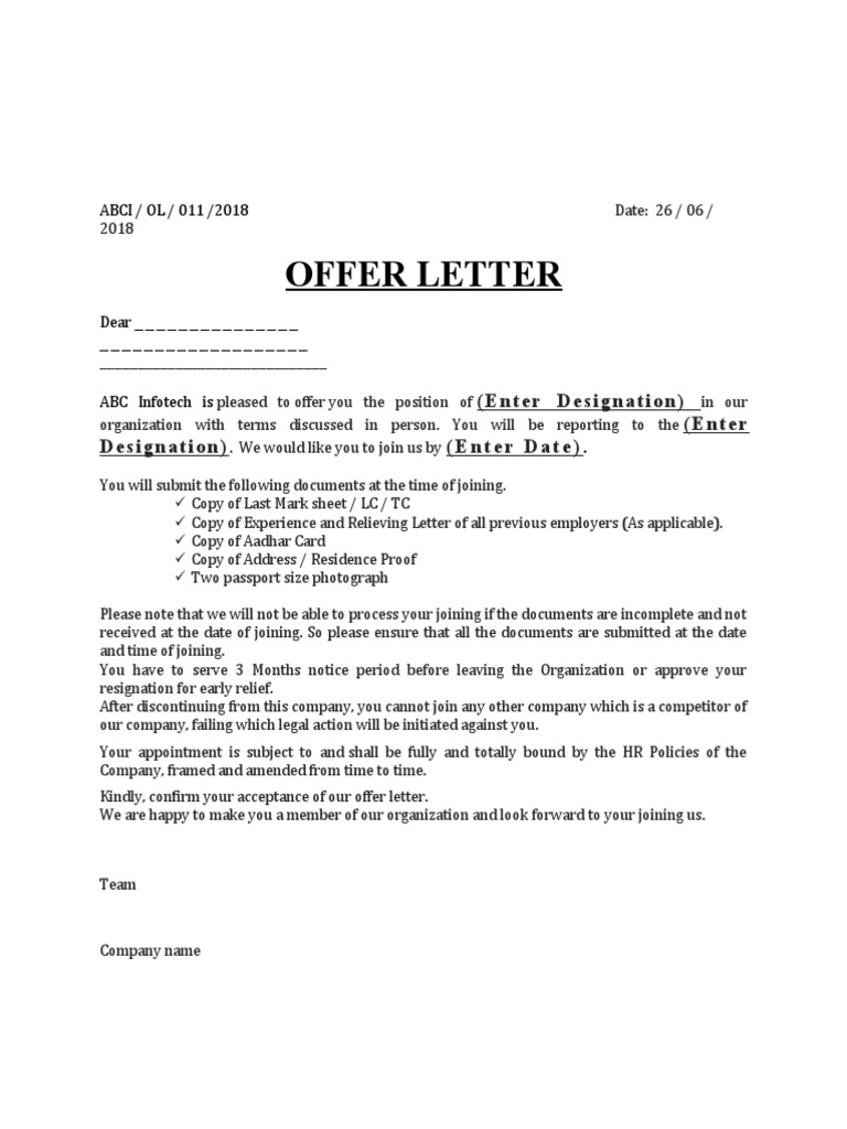 Offer Letter: (Enter Designation) (Enter Designation) (Enter Date) | PDF