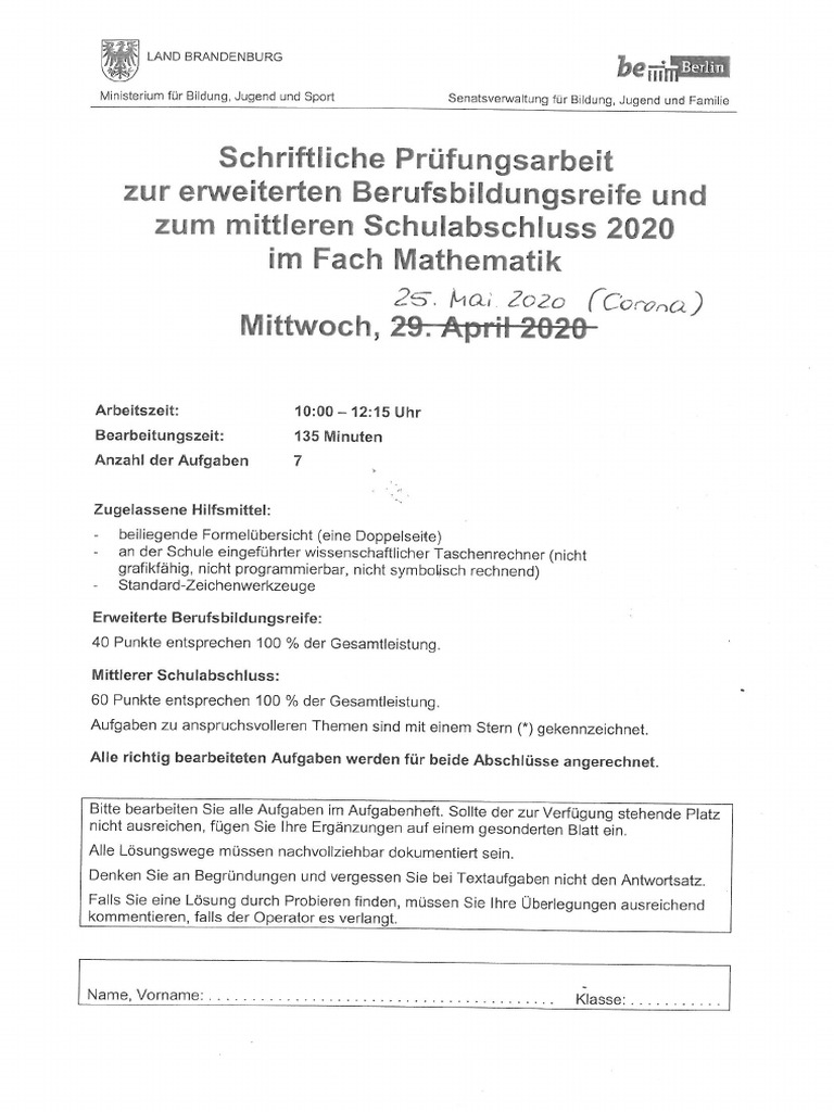 MSA eBBR Mathe 2020 Pruefung | PDF