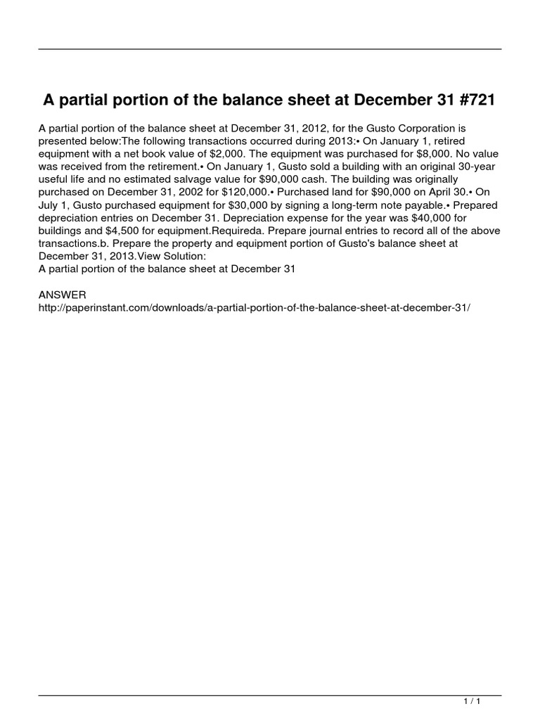 A Partial Portion of The Balance Sheet at December 31 | PDF