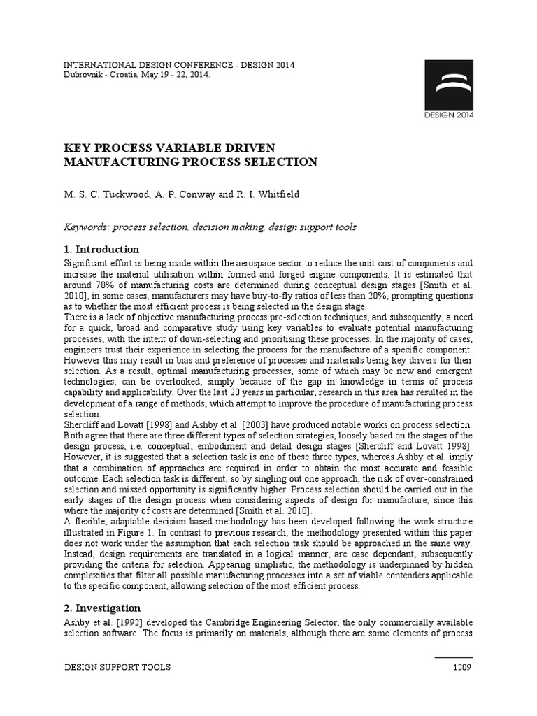 Key Process Variable Driven Manufacturing Process Selection: M. S. C ...