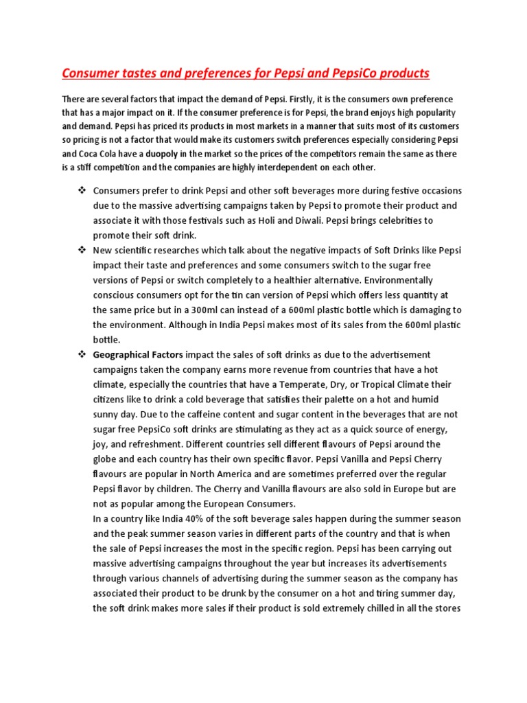 Consumer Tastes and Preferences For Pepsi and PepsiCo Products | PDF ...