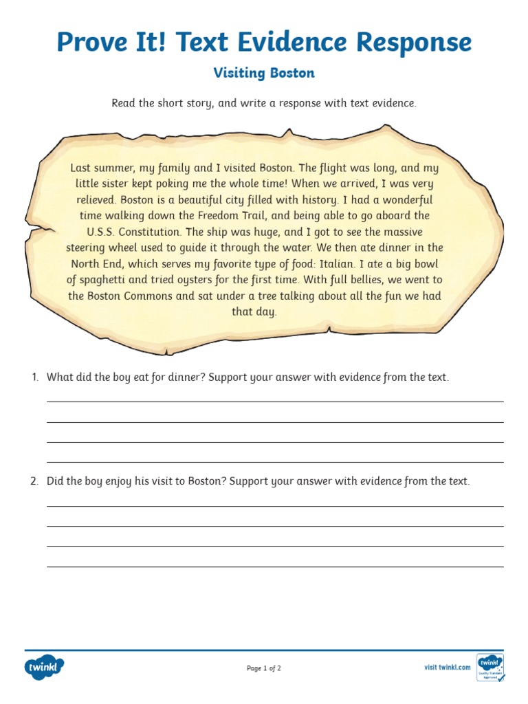 Prove It! Text Evidence Response - Visiting Boston | PDF | Foods