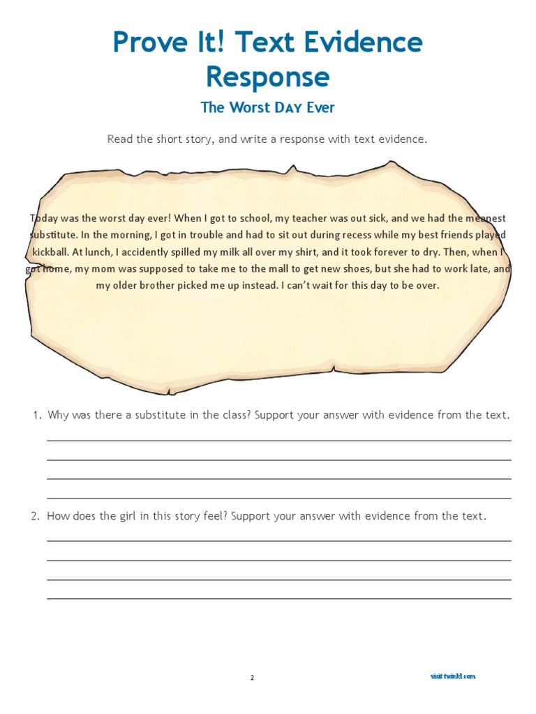Worst Day Ever: Text Evidence Response | PDF