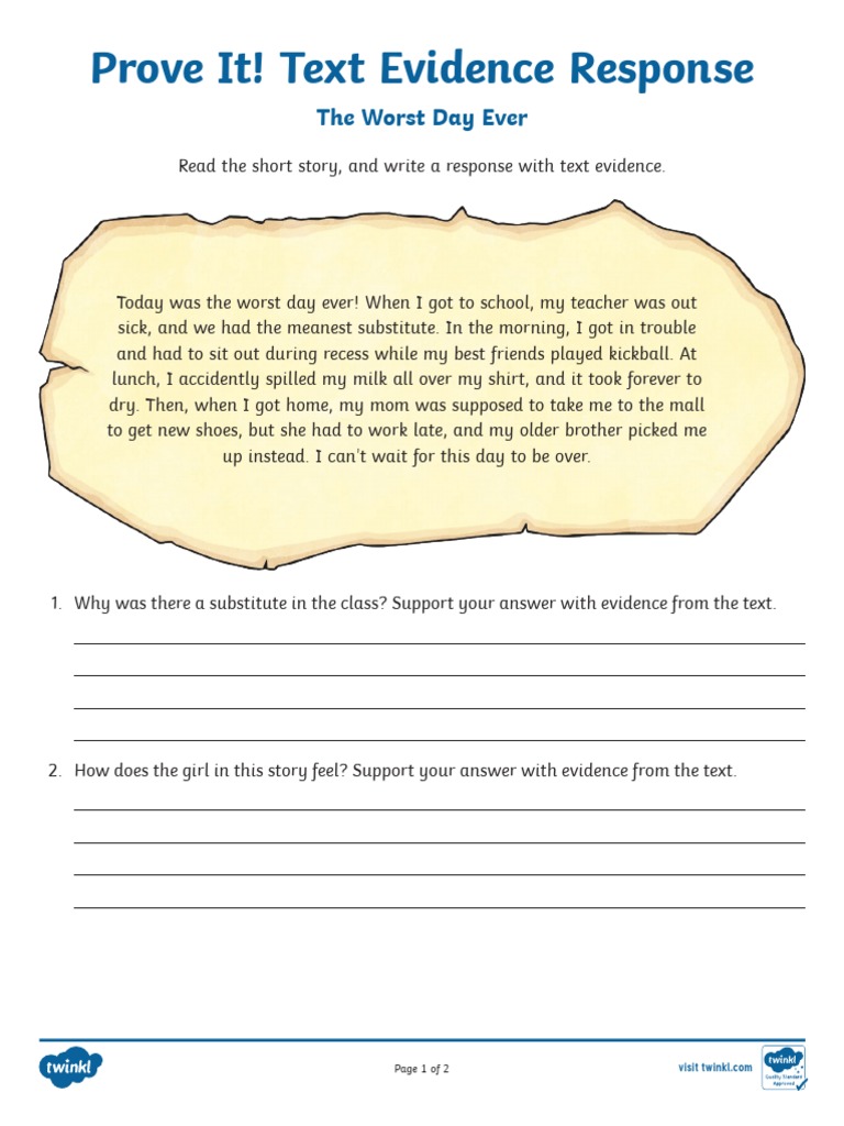 Prove It! Text Evidence Response - The Worst Day Ever | PDF
