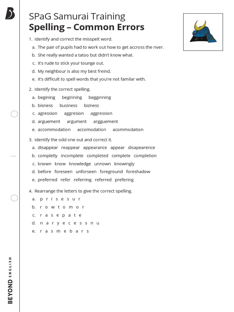 Spelling 8 Common Errors Worksheet | PDF