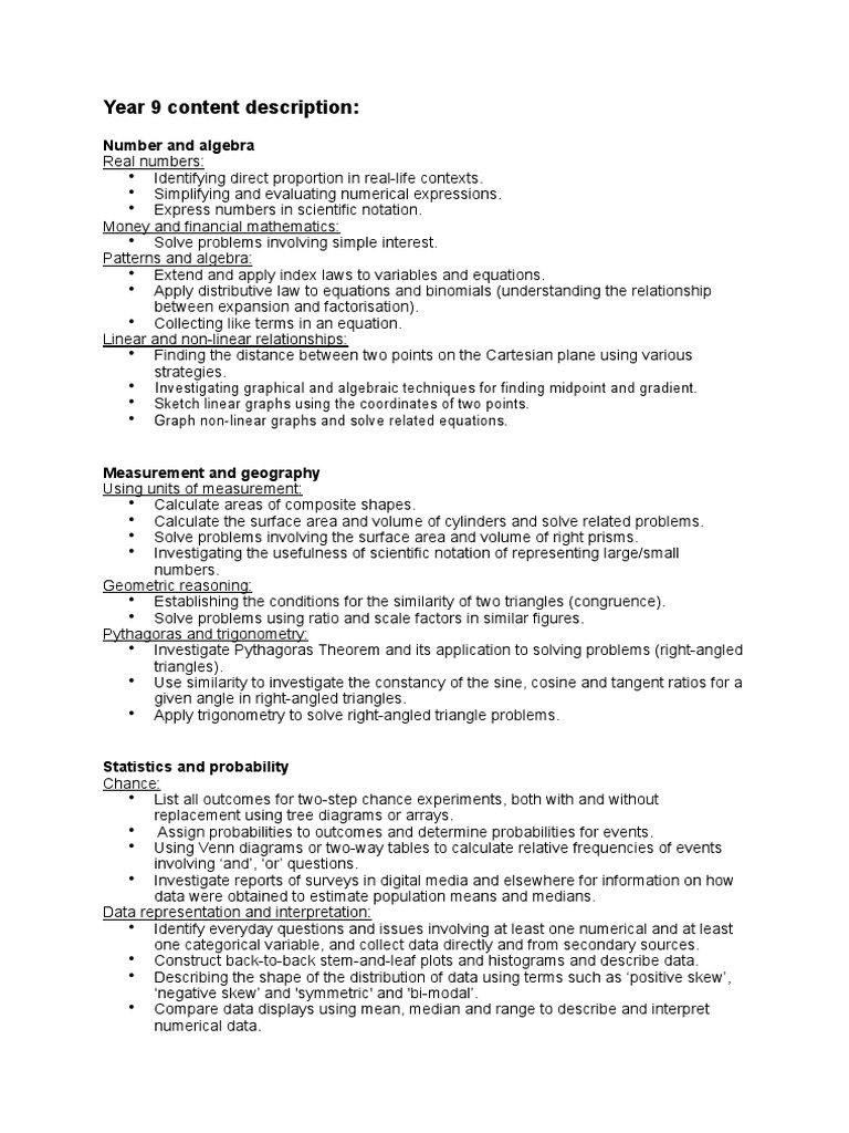 Year 9 Content Description:: Number and Algebra | PDF | Triangle ...