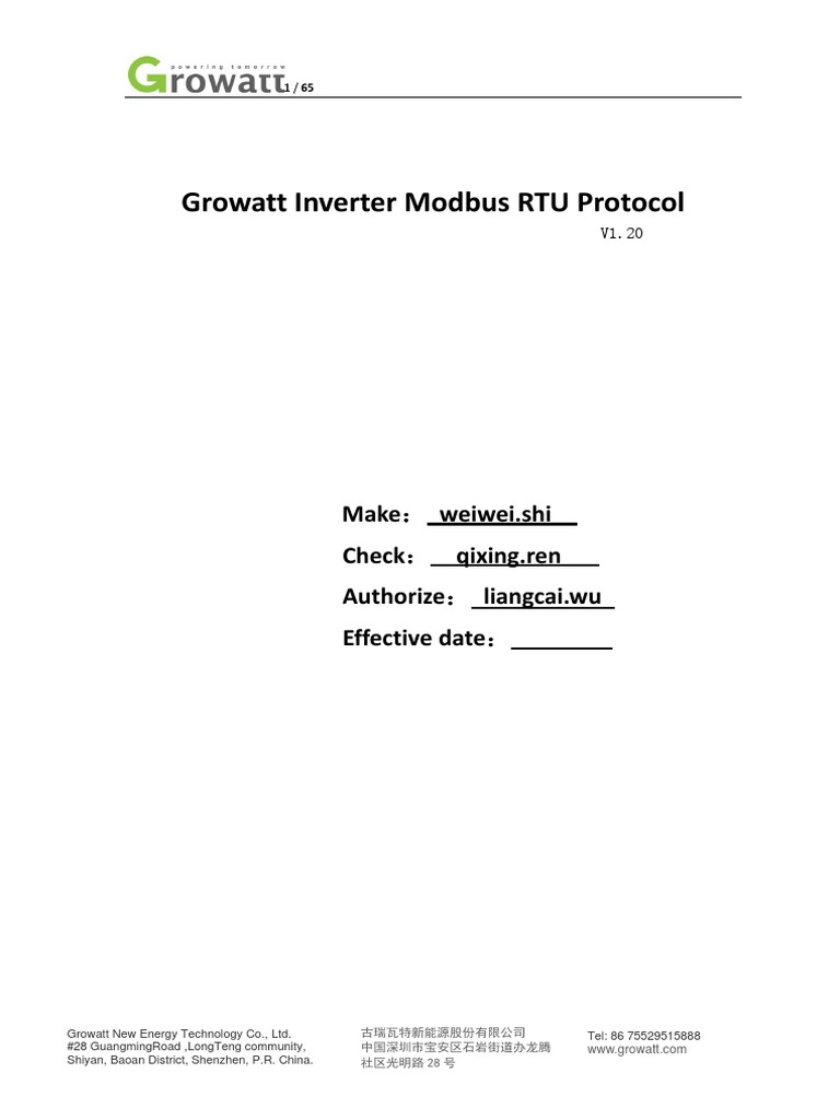 Growatt Inverter Modbus RTU Protocol - II V1 - 20-English | PDF ...