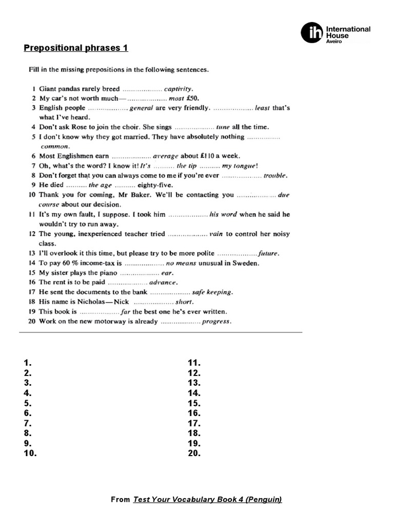 Prepositional Phrases 1 Grammar Worksheet | PDF