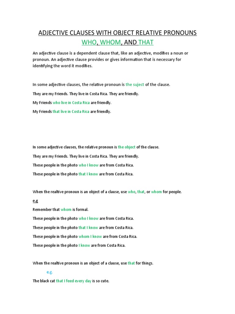 Adjective Clauses With Object Relative Pronouns Who, Whom and That ...