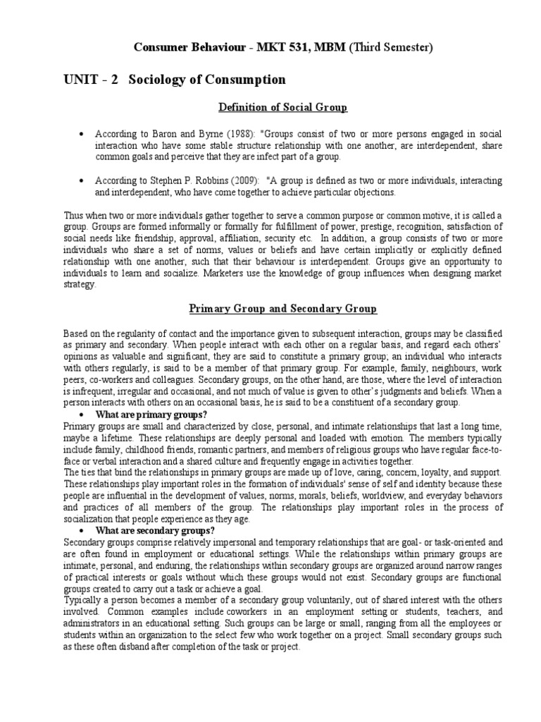 UNIT - 2 Sociology of Consumption: Consumer Behaviour - MKT 531, MBM ...