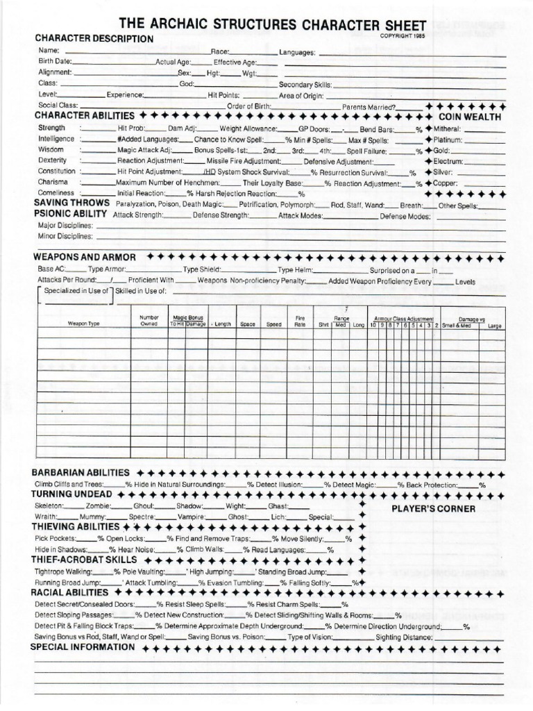 Archaic Char Sheet Front | PDF