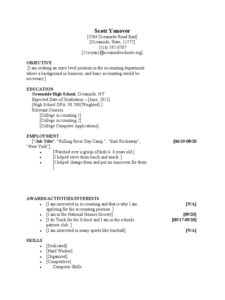 Resume Typed Template For Students | PDF