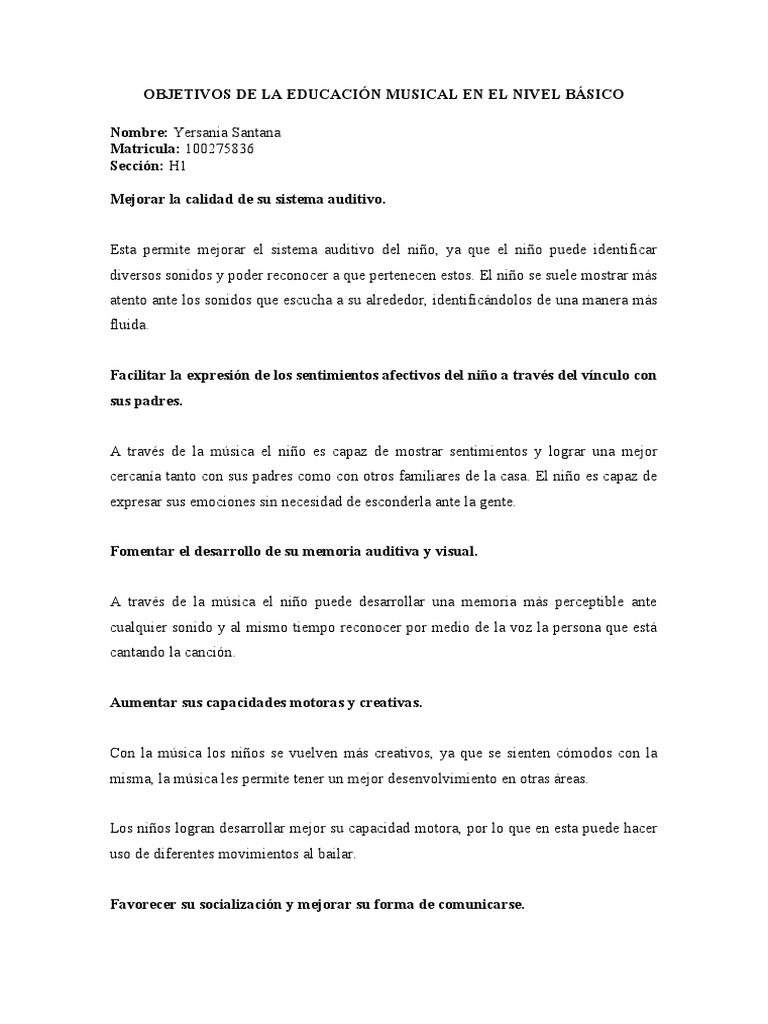 Objetivos de La Educación Musical en El Nivel Básico | PDF
