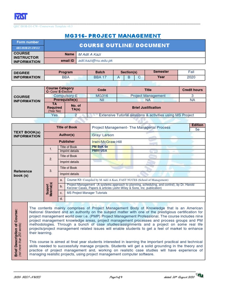 QEC-v0.3 Course Outline MG316-Project Management BBA-17 A-B-C Fall 2020 | PDF | Project ...
