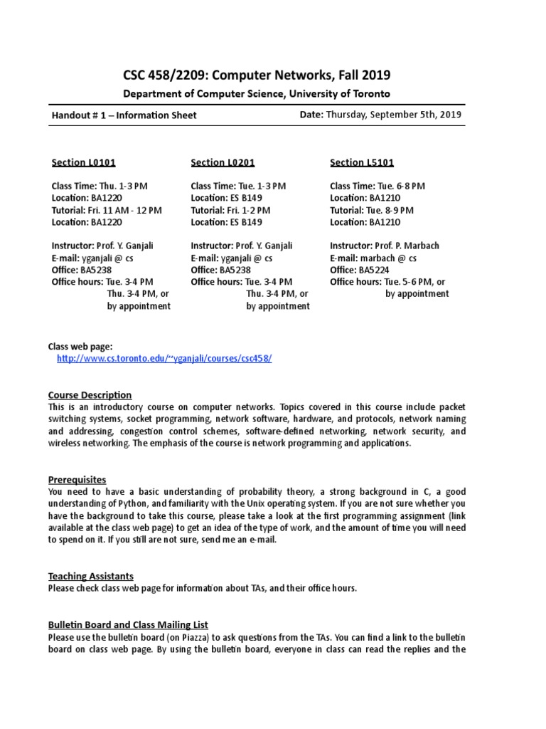 Csc 4582209 Computer Networks Fall 2019 Department Of Computer Science University Of 