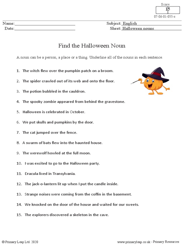 Find The Halloween Noun: Name: Subject: English Date: Sheet: Halloween ...
