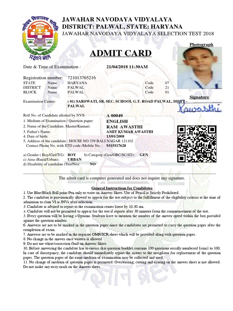 JNVS - CLASS6 - 2018 - 721013765216 Admit Card | PDF | Test/Examination