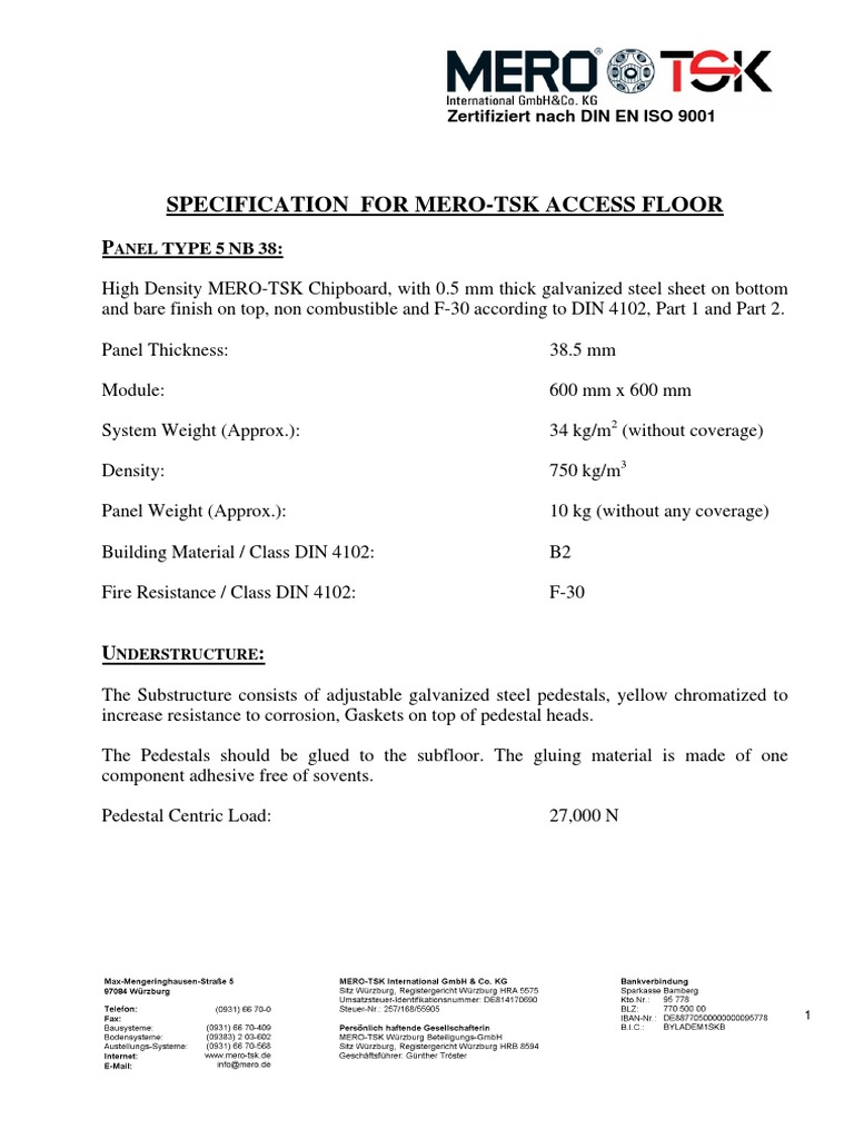 Specification For Mero-Tsk Access Floor: Type 5 NB 38 | PDF | Building ...