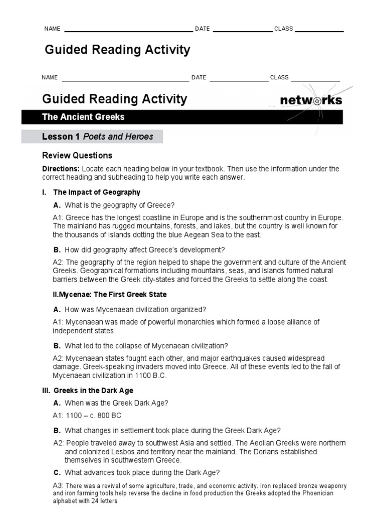 Lesson 1 Poets and Heroes Guided Reading Activity Editable | PDF ...
