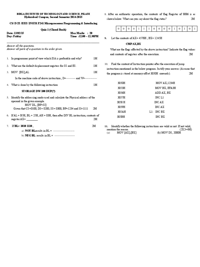 CS Ece Eee Instr F241 Mpi Quiz 1 | PDF | Integrated Circuit | Digital Electronics