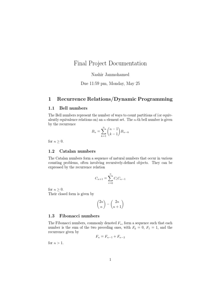 Final Project Documentation: 1 Recurrence Relations/Dynamic Programming | PDF | Recurrence ...