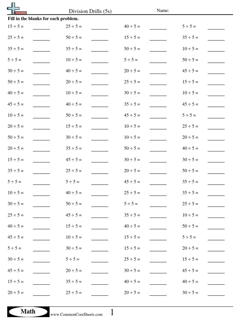 Division Drills (5s) : Fill in The Blanks For Each Problem | PDF