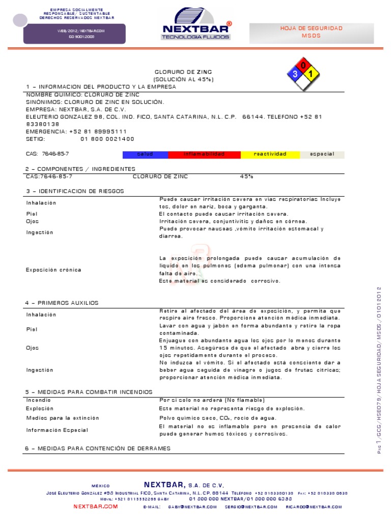 Hoja de Seguridad MSDS Cloruro de Zinc Modelo | PDF | Agua | Sustancias químicas